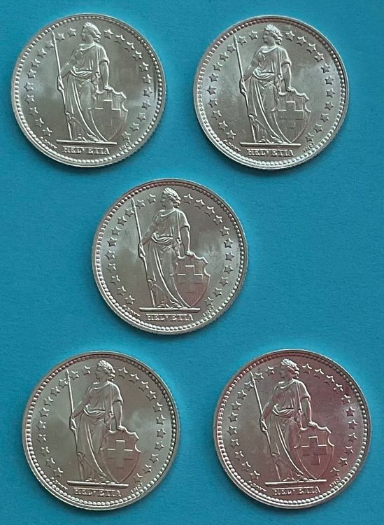5 sehr schöne Schweizer Silber 1 Franken-Münzen von 1955 unz (Neu (gemäss Beschreibung)) in ...