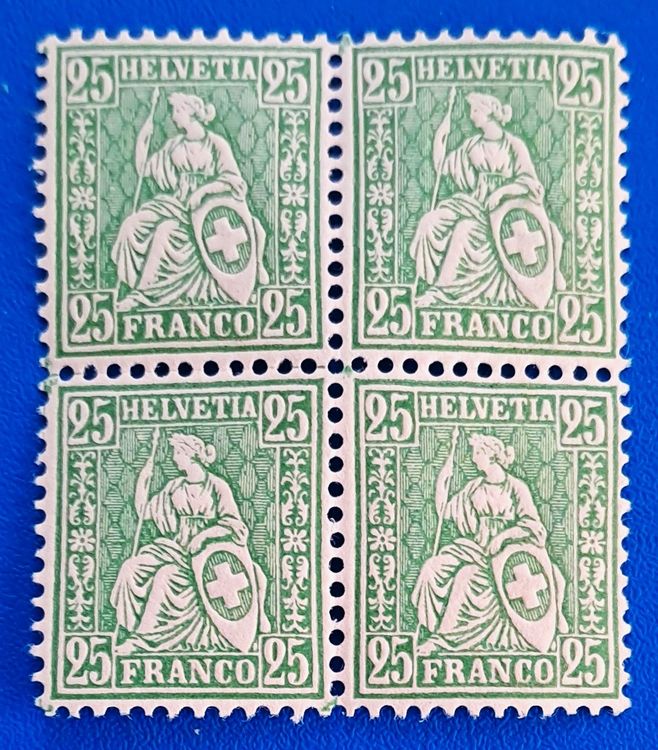 Sitzende Helvetia 1868 weisses Papier Nr. 40** Viererblock (Gebraucht) in Zürich für CHF 9 – mit ...