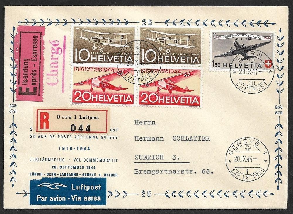 1944 R/Exp. Jubil. Flug Bern-Genf-ZH TOP | Kaufen auf Ricardo