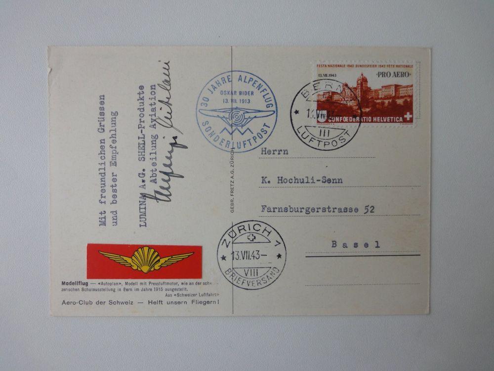 1943 Pro Aero Postflug Zürich-Bern, 1913 Post-/Ansichtskarte | Kaufen auf Ricardo