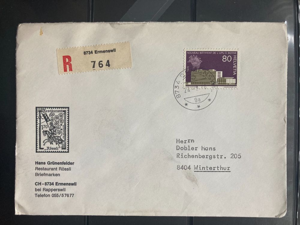 Schweiz 1970 R-Brief 80 Rp. UPU 8734 Ermenswil (Gebraucht) in Liestal für CHF 3 – mit Lieferung ...