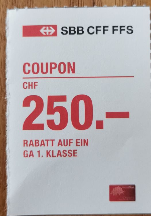 SBB GA 1. Klasse Rabattcoupon CHF 250.- (Neu und originalverpackt) in Winterthur für CHF 5 – mit ...