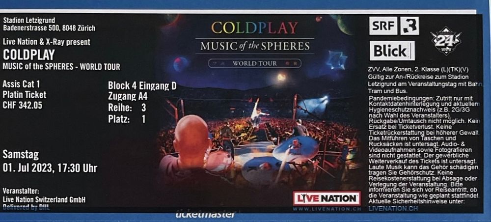 COLDPLAY, 1 Sitzplatz 01.07.2023, Block 4, Reihe 3, Platz 1 (Neu (gemäss Beschreibung)) in ...