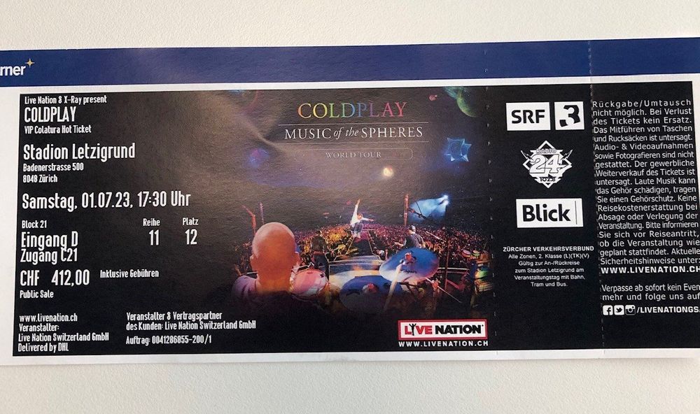 VIP Coldplay Ticket Zürich 1. Juli 2023 (Neu und originalverpackt) in ...