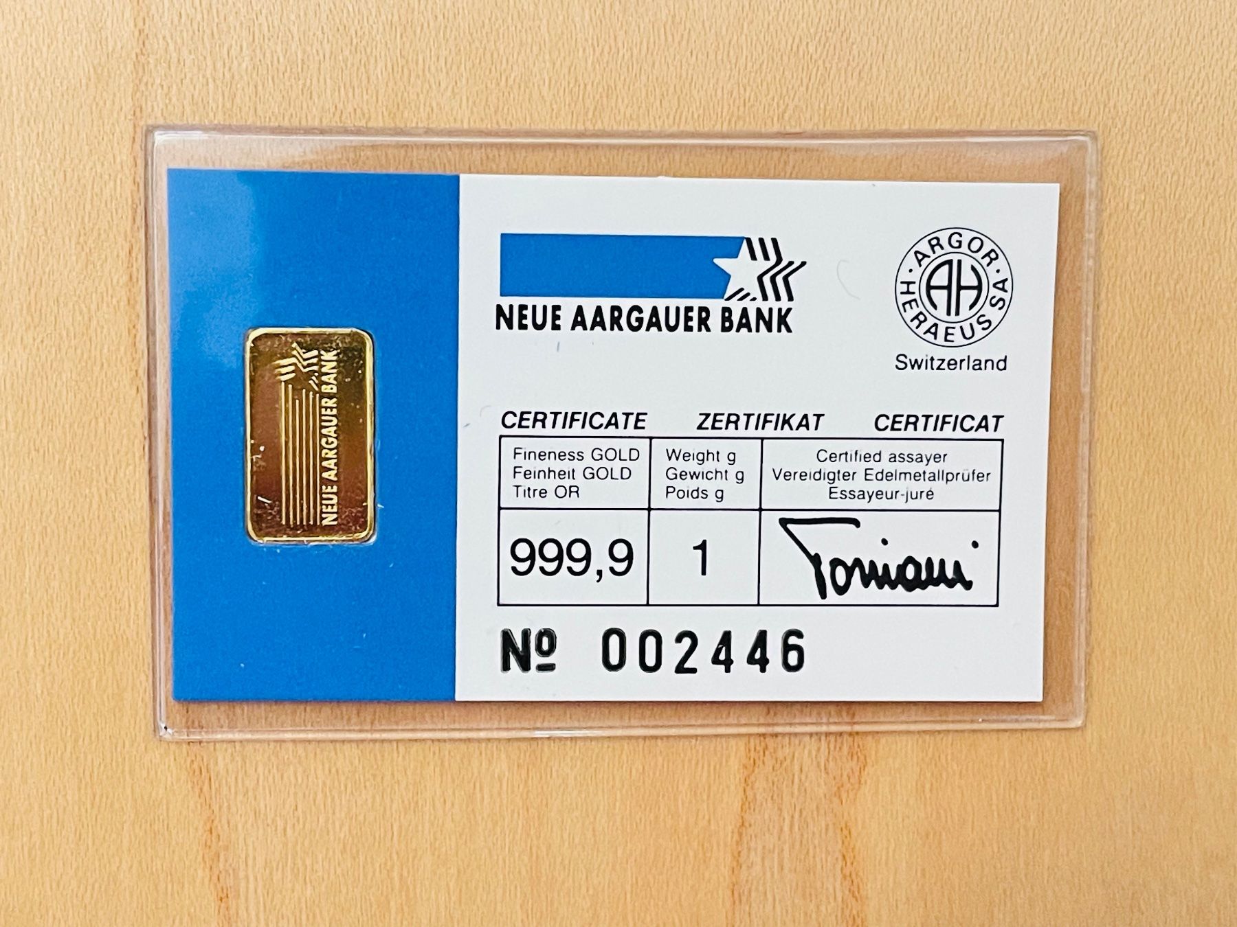 ⭐️ 1g NEUE AARGAUER BANK - Nr. 2446 - Feingold 999.9 🇨🇭 (Neu und ...