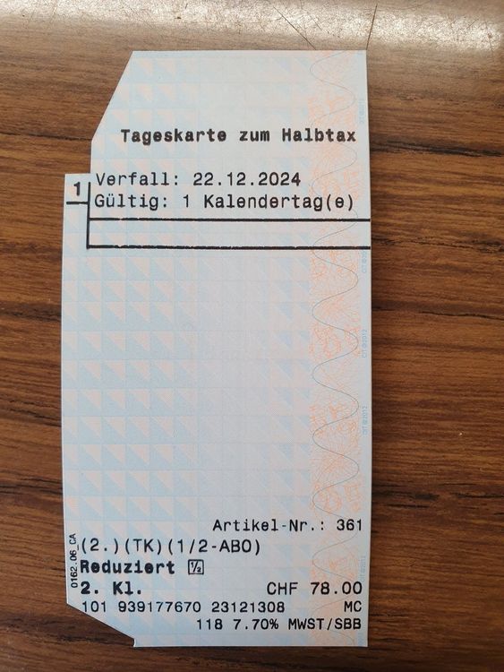 Tageskarte SBB zu Halbtax-Abo gültig bis 22.12.2024 (Neu und ...