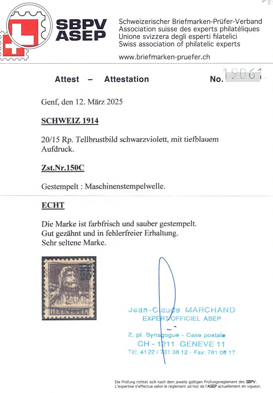 Aufbrauchsausgabe 20/15 Rp Nr 150C RARITÄT Attest SBK 20000 (Gebraucht ...