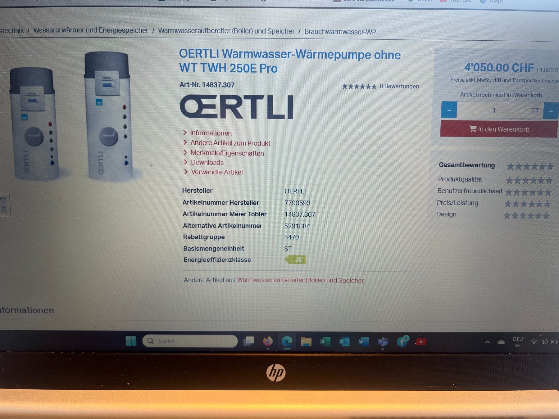 Wärmepumpenboiler Oertli 250 Liter ohne Wärmetauscher (Neu und originalverpackt) in Egerkingen ...