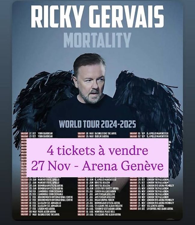 Ricky Gervais - 4 places à vendre rang G - Arena 27.11 (D'occasion) à ...