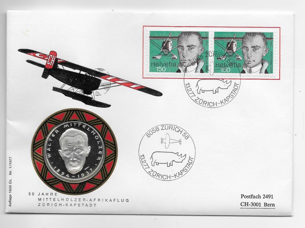 Münzbrief, 50 Jahre Mittelholz-Afrikaflug, 999,9 (Neu (gemäss Beschreibung)) in Hefenhofen für ...