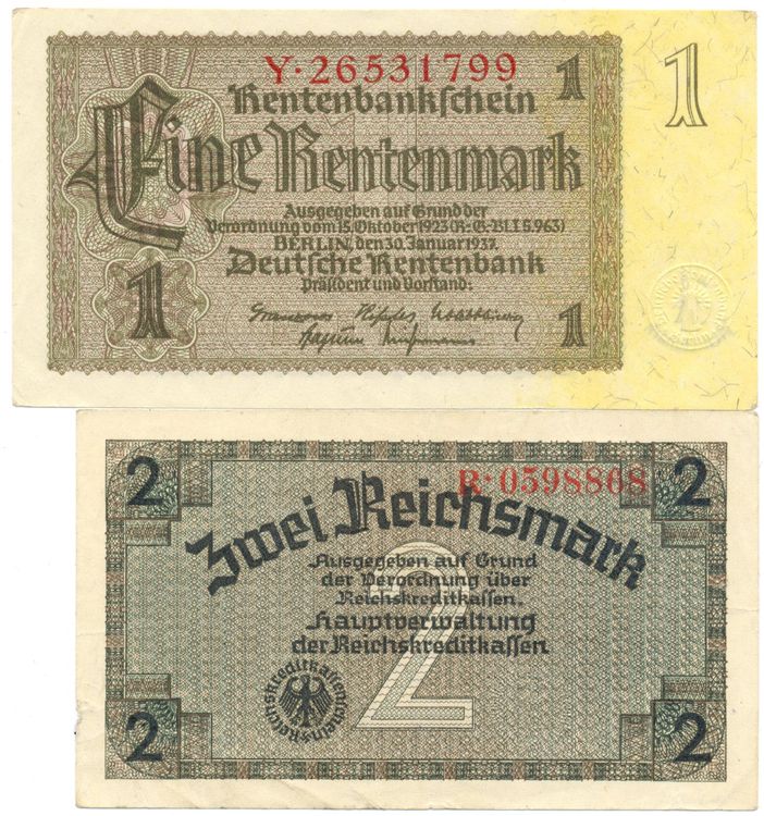 Deutschland 1 Rentenmark 30.01.1937+ 2 Reichsmark P173+R137a (Gebraucht ...