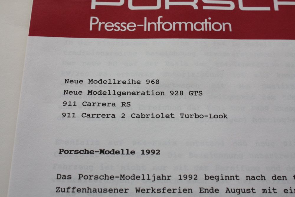 Porsche Pressemappe/Fotos Vorstellung 928 GTS & 911 RS 1992 (Gebraucht ...