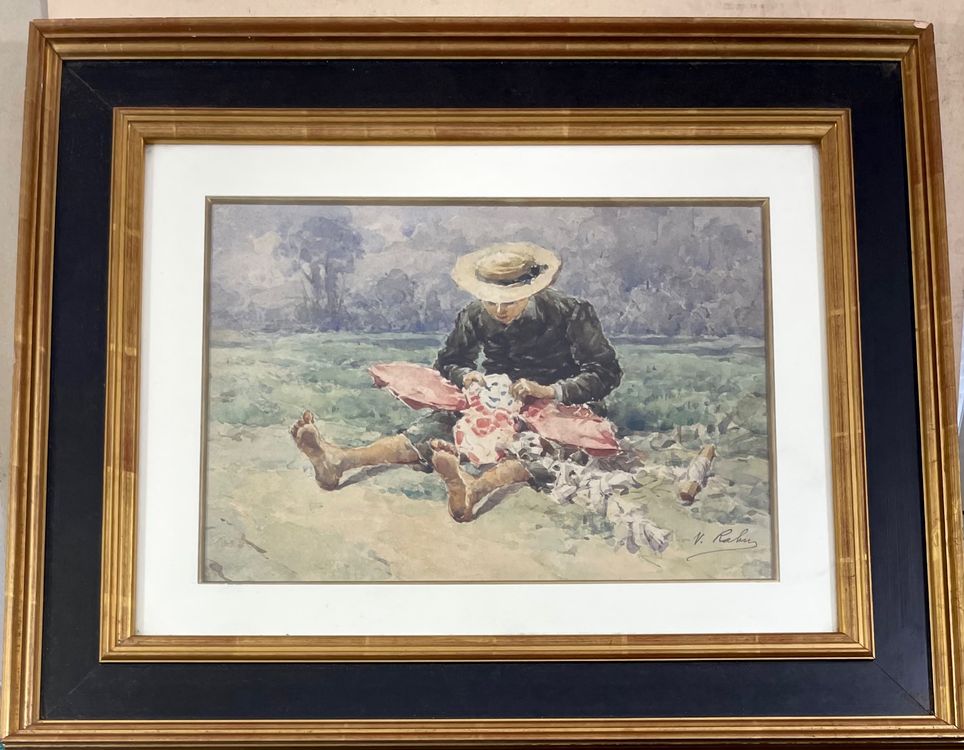 Sitzende Dame mit Hut auf dem Feld Aquarell unleserlich Sign (Gebraucht) in Root für CHF 19 ...