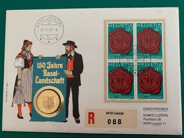 150 Jahre Basel-Landschaft (Viererblock FDC)+Silbermedaille (Gebraucht) in Reinach BL für CHF 1 ...