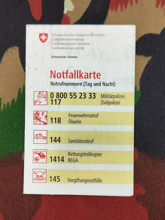 Schweizer Armee Notfallkarte - Notrufnummern (Gebraucht) in Bauma für ...