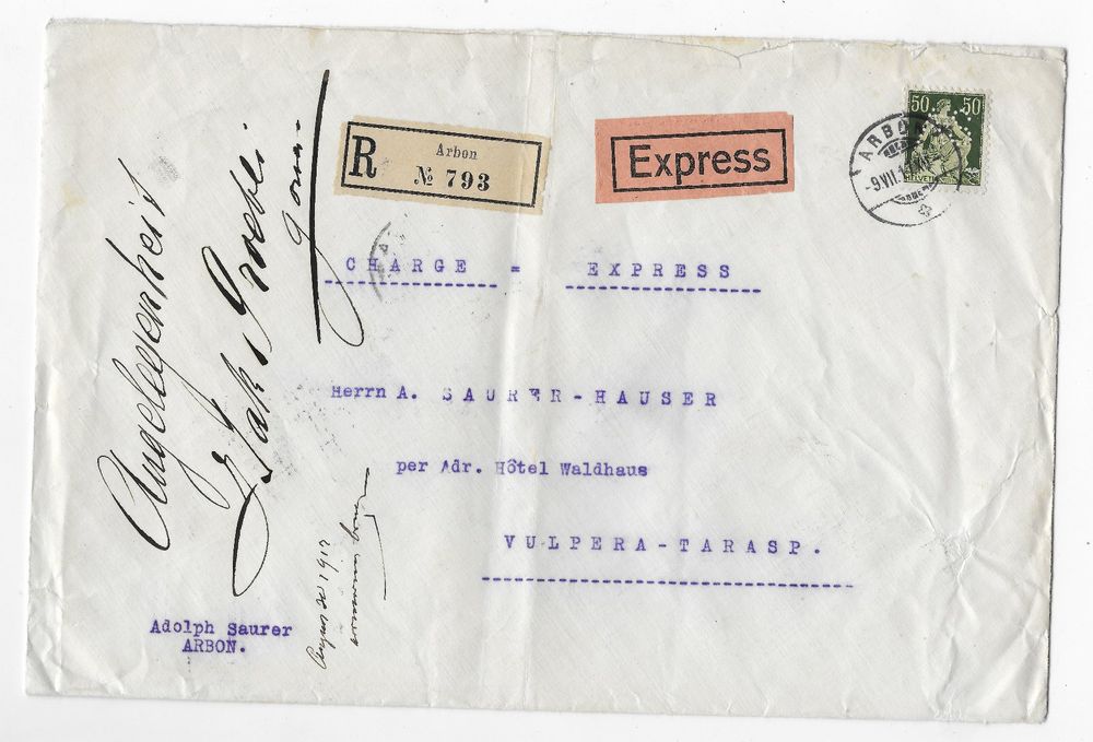 Expressbrief Adolf Saurer in Arbon nach Vulpera, Perfin | Kaufen auf Ricardo