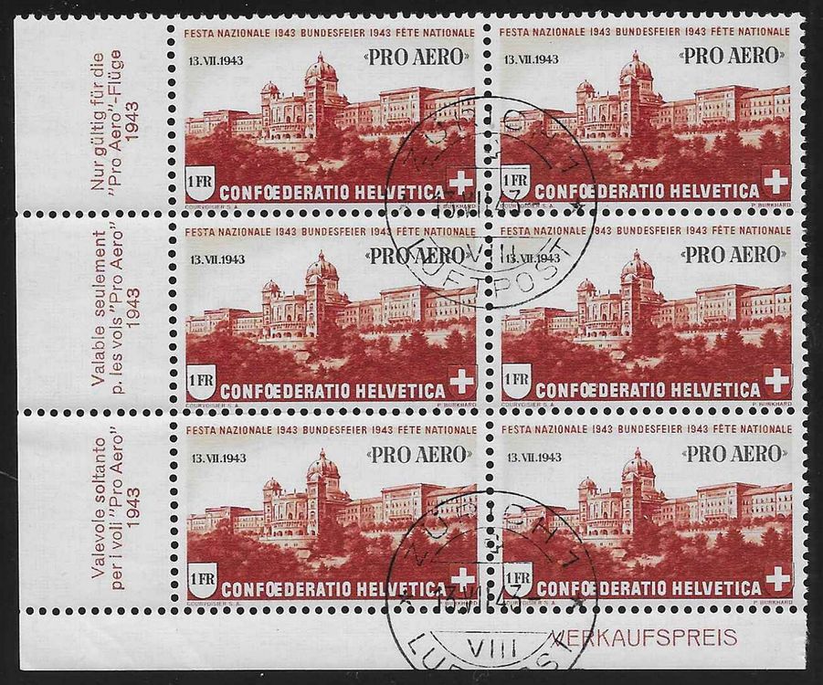 1943: Flugpost Pro Aero Nr.F36 Sechserblock Zürich | Kaufen auf Ricardo