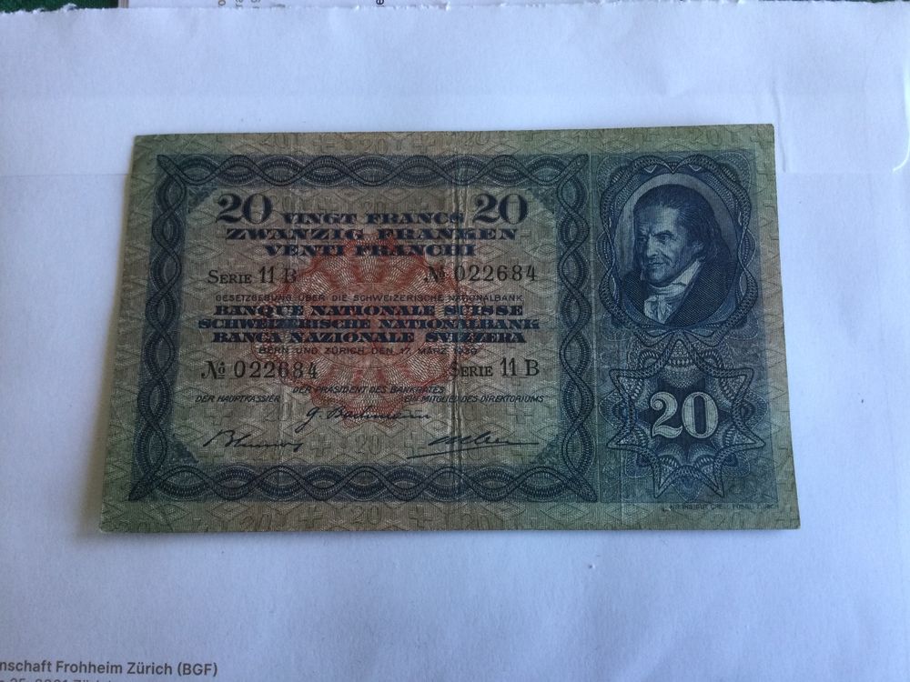 CH -20 Fr. Banknote 17.3.1939 (Gebraucht) in für CHF 22 – mit Lieferung auf Ricardo kaufen