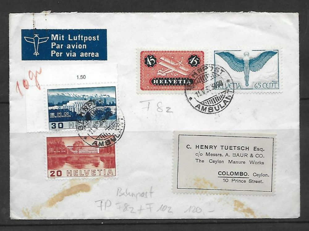 Beleg nach Colombo Bahnpostst.mit F8z Kat: CHF 120.- | Kaufen auf Ricardo