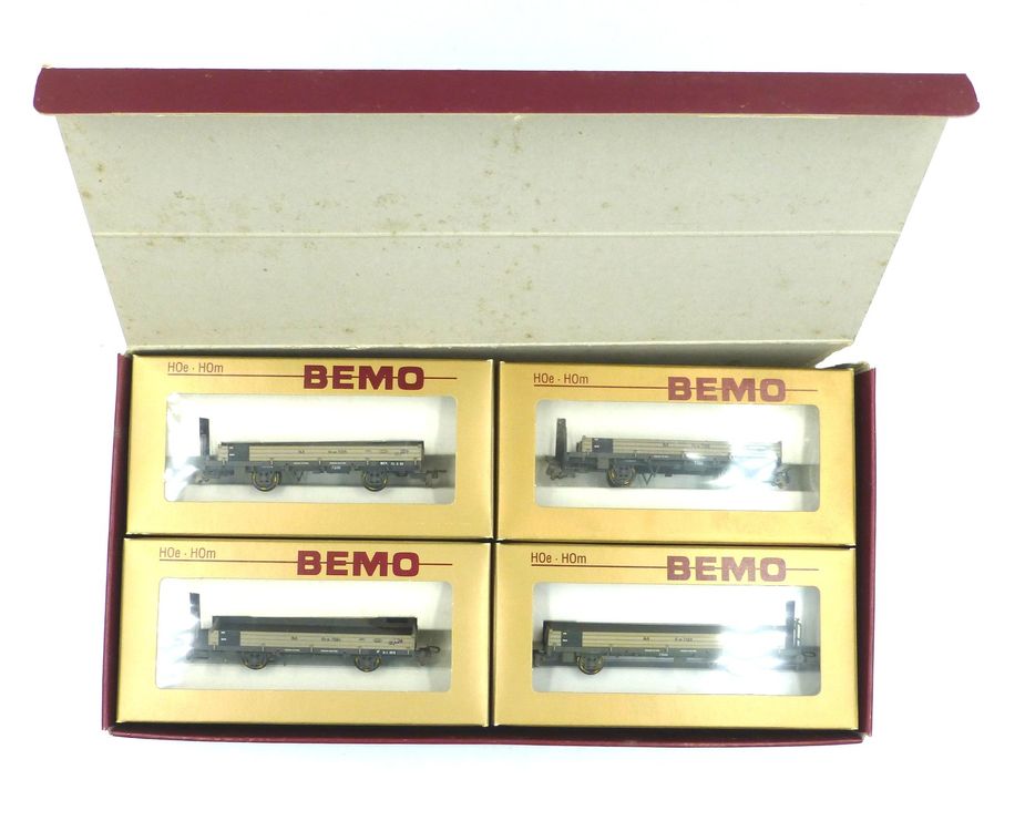 4er Set Güterwagen Niederbordwagen RhB H0m DC Bemo 7463100 (Neu (gemäss ...
