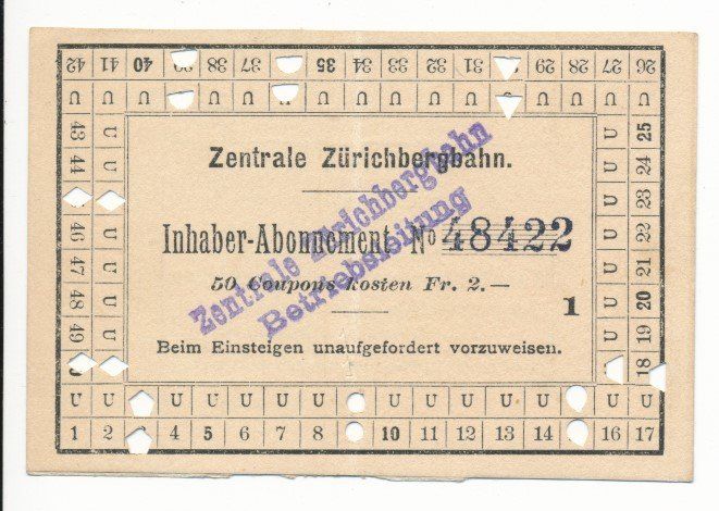 Eisenbahn Bahn Tram Zürich Billett Abonnement ZZB um 1905 (Gebraucht) in Felben-Wellhausen für ...