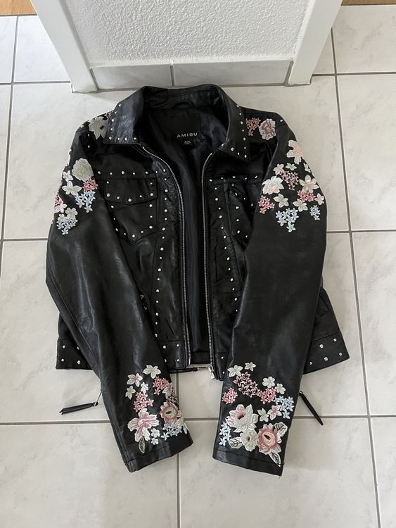 AMISU Black Leather Jacket with Flower Embroidery Gr. S (Gebraucht) in ...