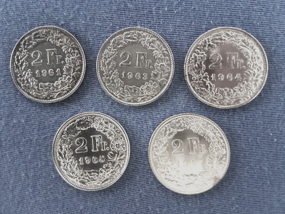 5 x 2 Fr Silbermünzen 1961 bis 1967 komplette Serie ab 1 Fr! (Gebraucht) in Camignolo für CHF 27 ...