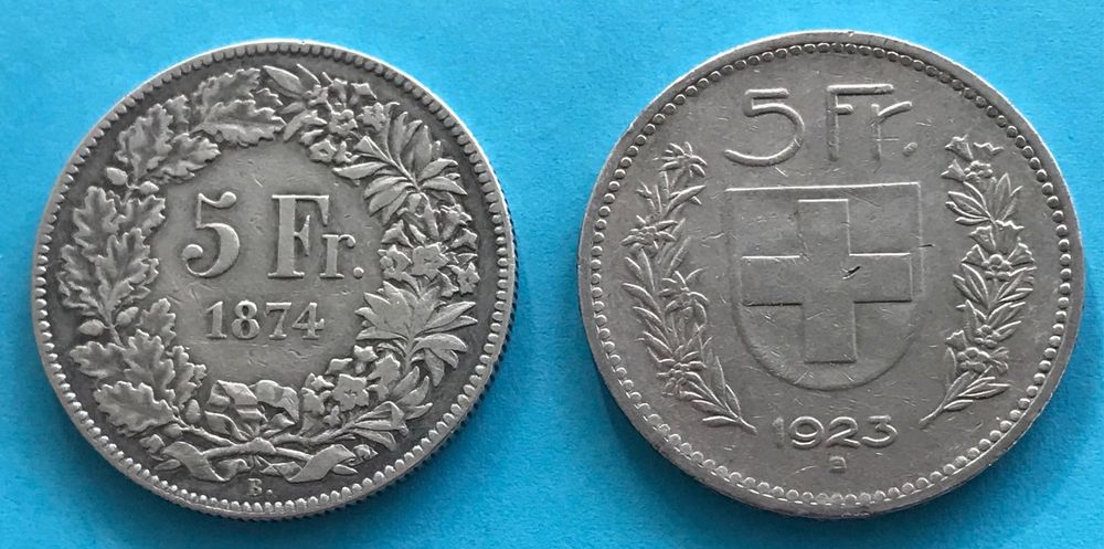 2 alte Schweizer 5 Franken-Silber-Münzen von 1874 und 1923 | Kaufen auf Ricardo