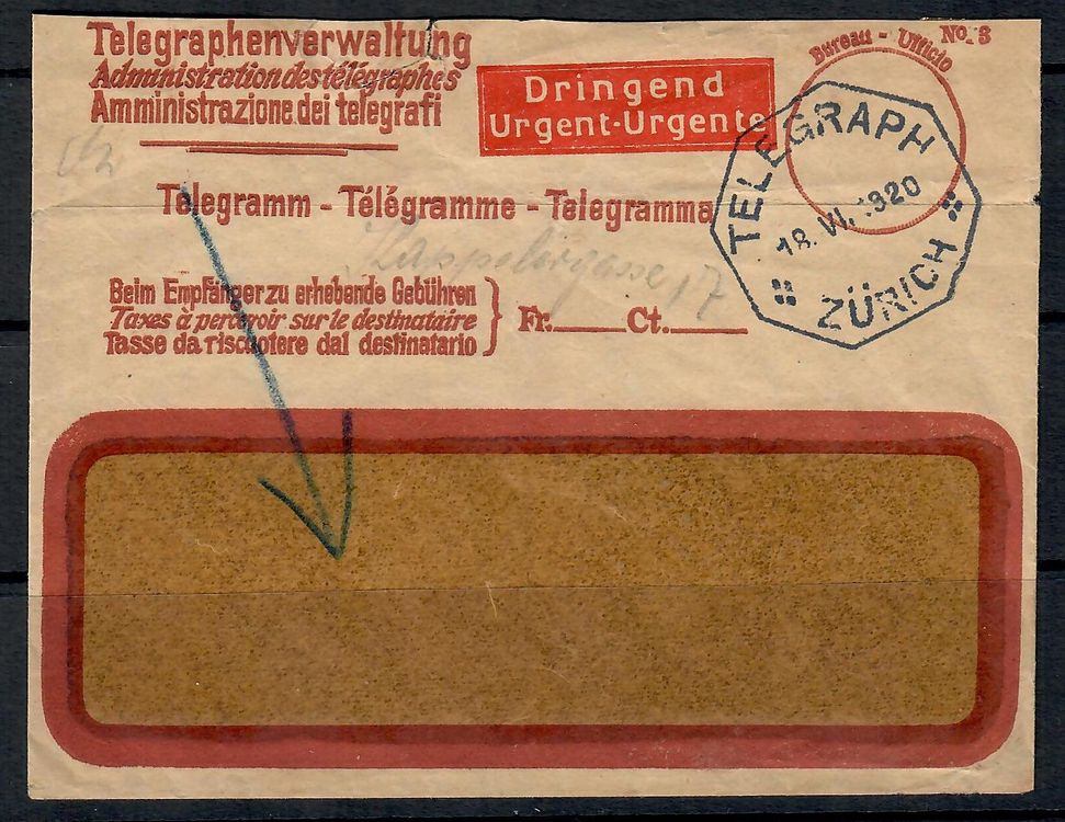 1920: 1Stk. Telegramm Brief mit Telegraphen Stempel Zürich. (Neu ...