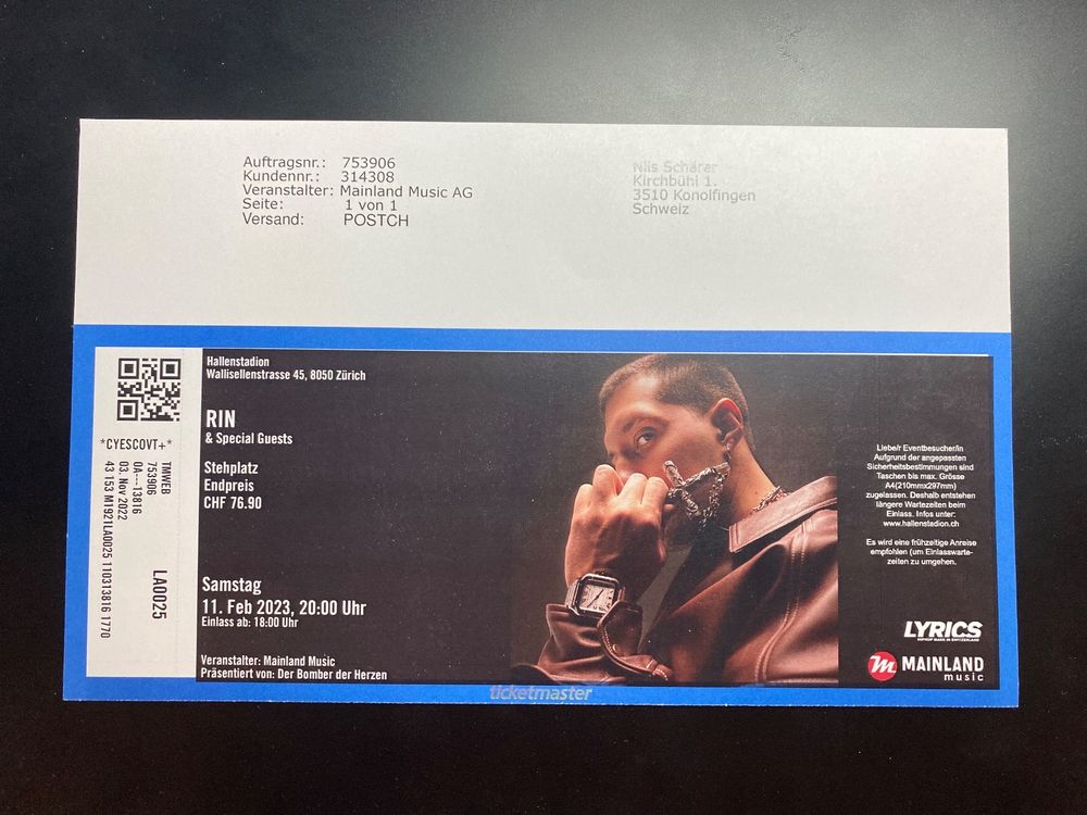 Rin Ticket Zürich 29.11.2023 (Neu und originalverpackt) in Konolfingen ...