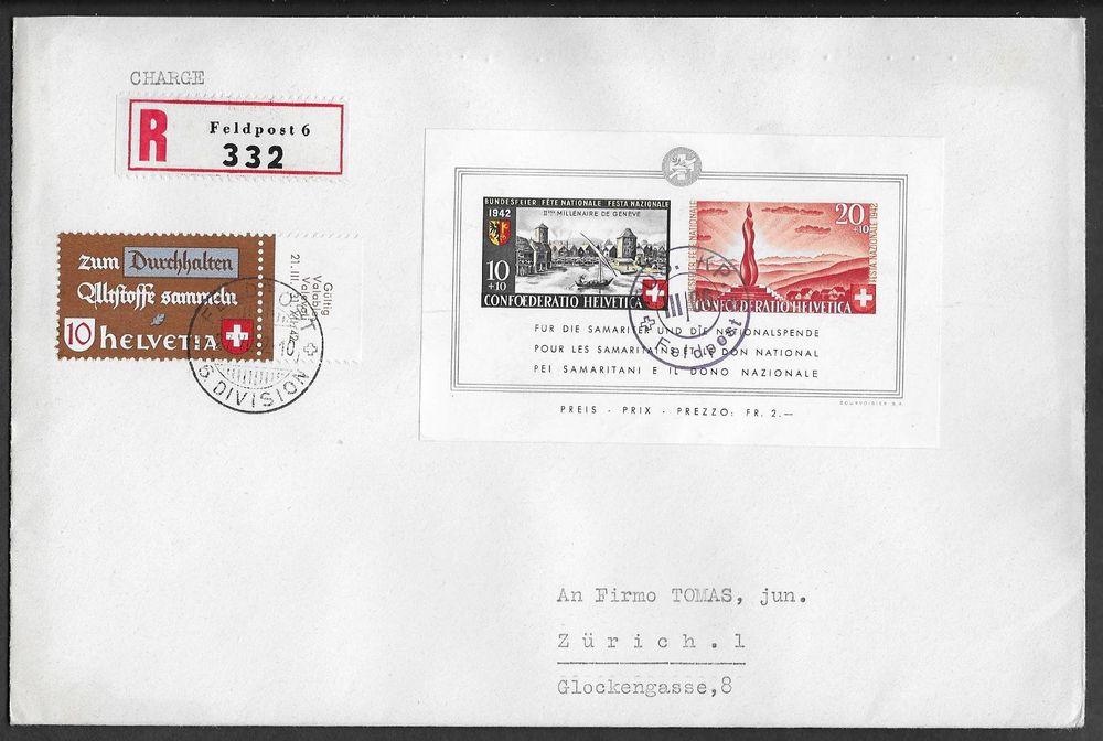 1942 Brief BF BLOCK B19 + Nr. 254 o FELDPOST selten ab 1.- (Gebraucht) in Zürich für CHF 31 ...