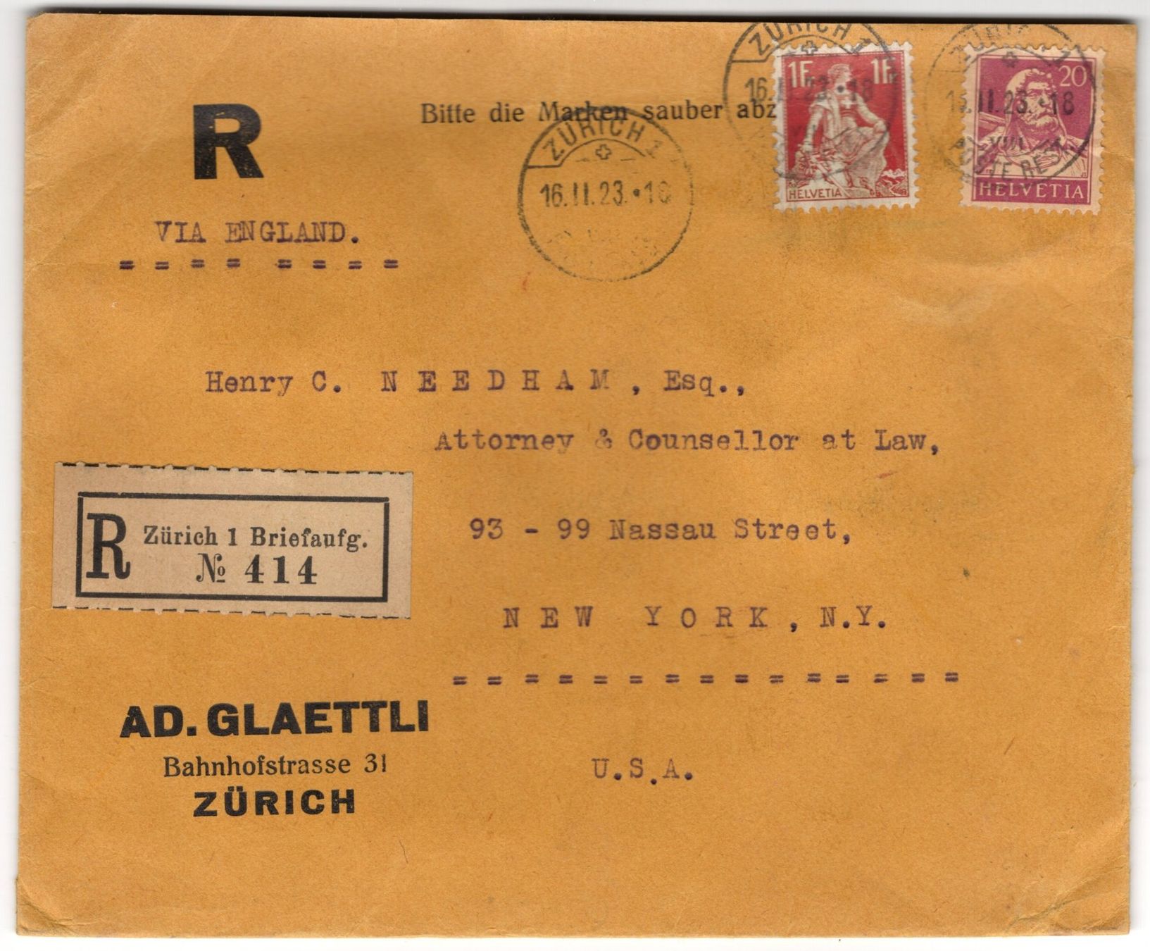 1 Fr. Helvetia mit Schwert in MiF auf Chargé nach NEW YORK (Gebraucht ...