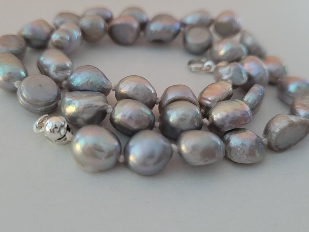 Perlenkette 925 Silber Barock Zuchtperlen echte Perlen grau (Neu ...