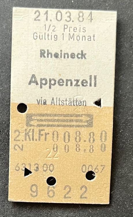 Rheineck Appenzell via Altstätten/ Billett 1984 (Gebraucht) in Wabern für CHF 1.5 – mit ...