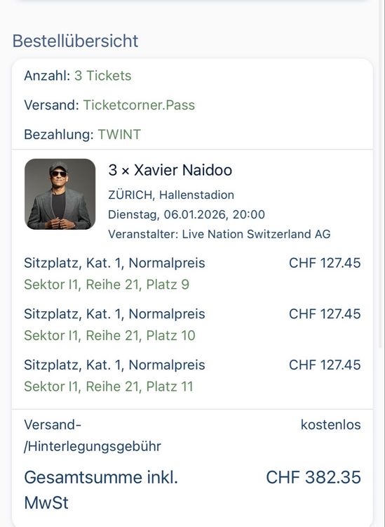 3 Tickets Xavier Naidoo ZÜRICH, 06.01.2026, Sektor I1 (Neu und ...