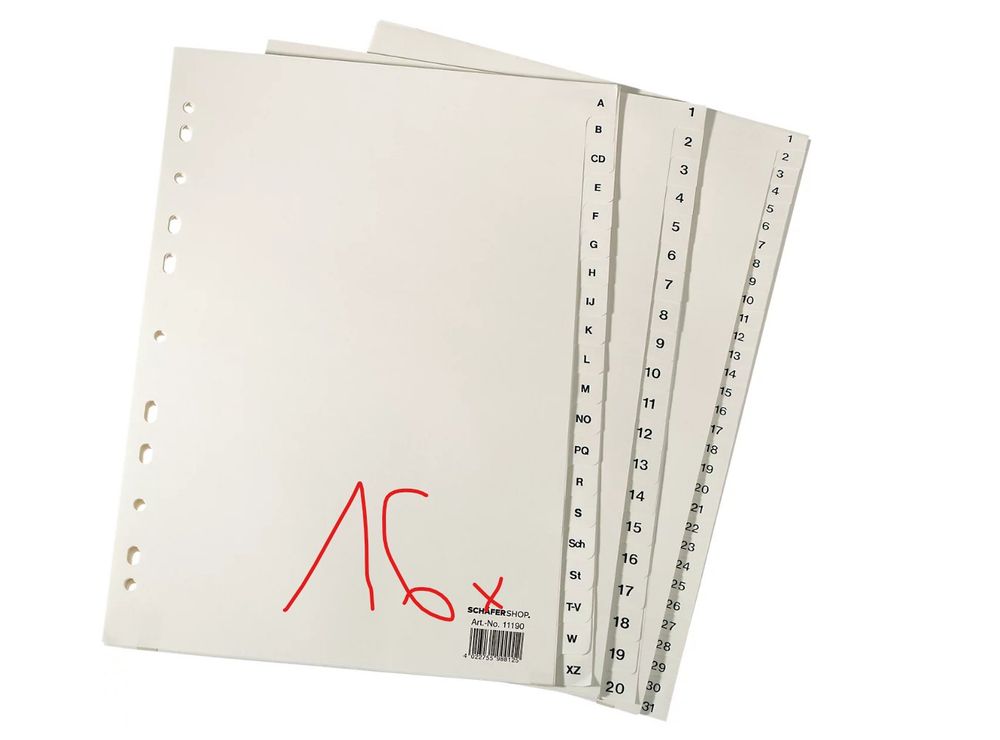 16 Stück Satz Papier-Register A4, einzeln, DIN A4 1-31, hell (Neu ...
