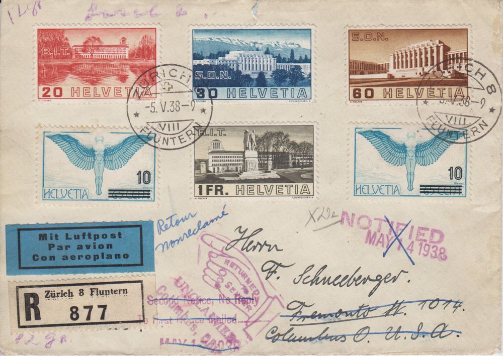 Flugpost R-Brief 1938 nach USA (Gebraucht) in Eschlikon TG für CHF 30 – mit Lieferung auf ...