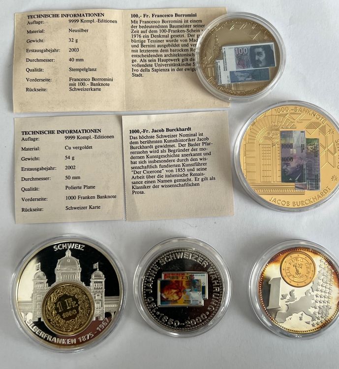 5 médailles commémoratives1, 10, 100 et 1000 CHF + 1€ (Gebraucht) in Pully für CHF 1 – mit ...