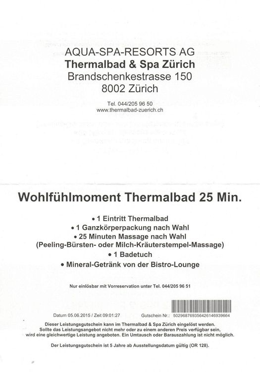 Gutschein Thermalbad & Spa Zürich (Neu und originalverpackt) in Elgg ...