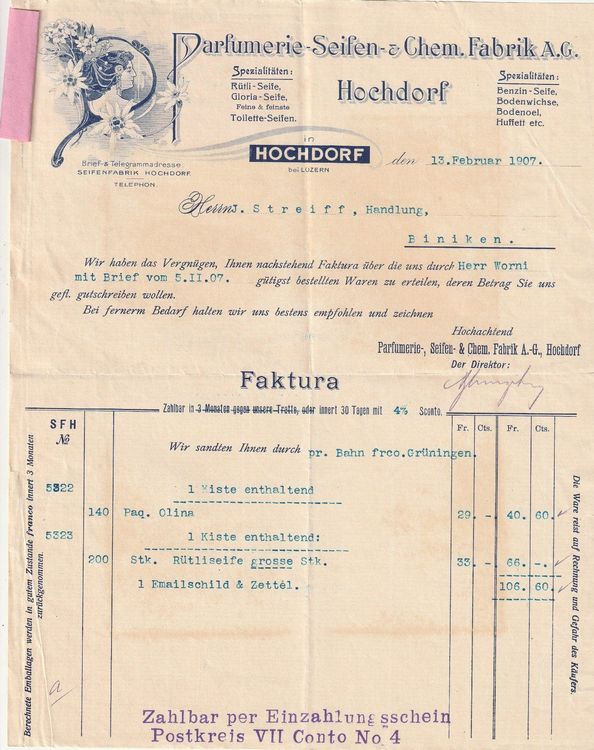 Rechnung Hochdorf 1907 Chem. Fabrik (Gebraucht) in Rorschacherberg für CHF 3 – mit Lieferung auf ...
