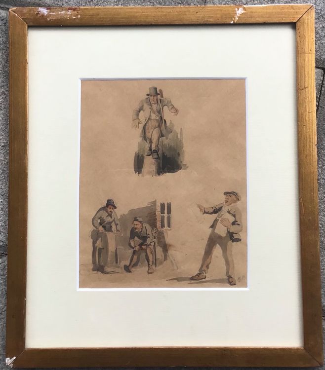 Antike Aquarell mit Personen Monogrammiert | Kaufen auf Ricardo