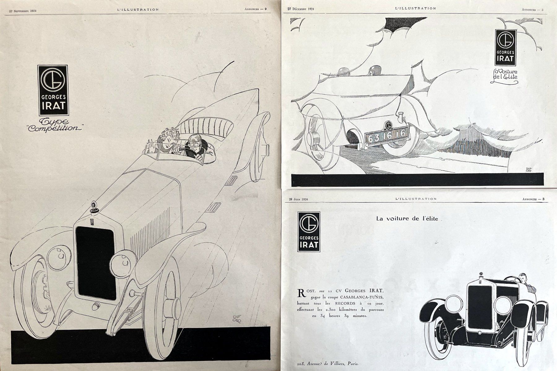 Georges Irat Cars - 3 alte Werbungen / Publicités 1924 (Gebraucht) in ...