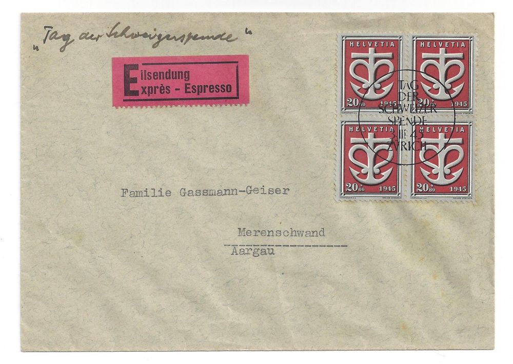 Sonderbrief: W20 Viererblock Schweizerspende, 1945 (Gebraucht) in Goldswil für CHF 10 – mit ...