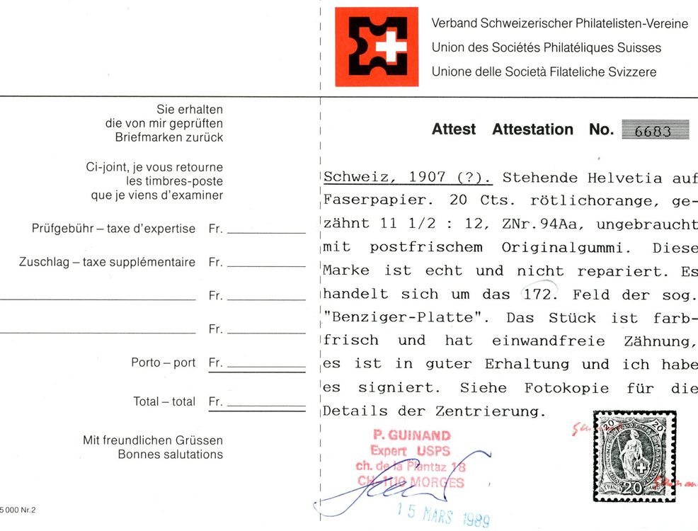 Stehende Helvetia 1907Zu 94 Aa, sog. Benzigerplatte - Attest (Gebraucht ...