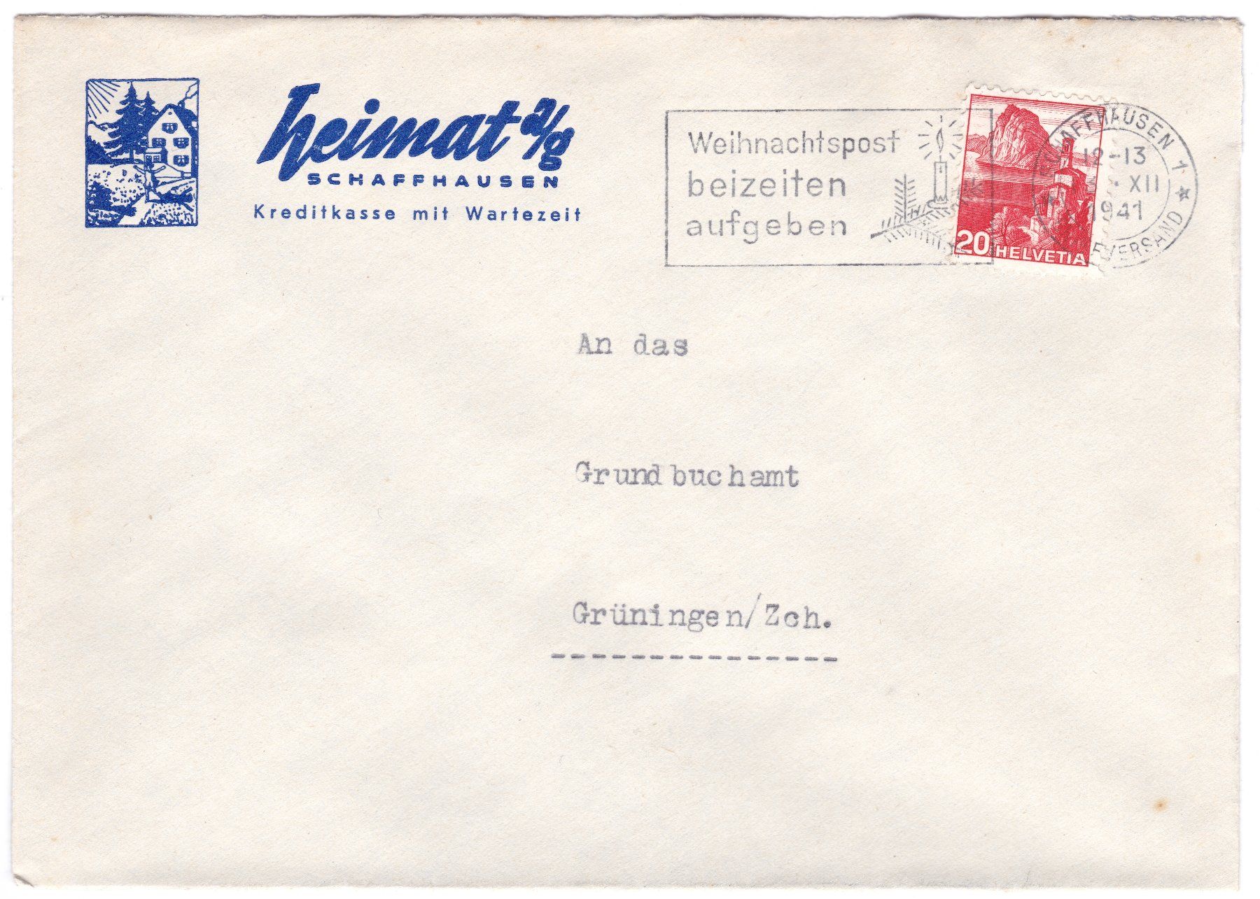 Heimat AG Kreditkasse Schaffenhausen 2 Firmenbriefe 1941/42 (Gebraucht ...