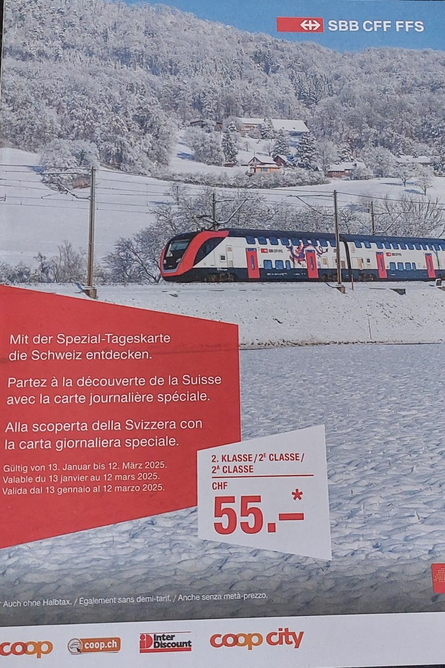 1 x SBB-Tageskarte, 2. KL, gültig bis 12. März, 2025 (Neu und originalverpackt) in Herbetswil ...