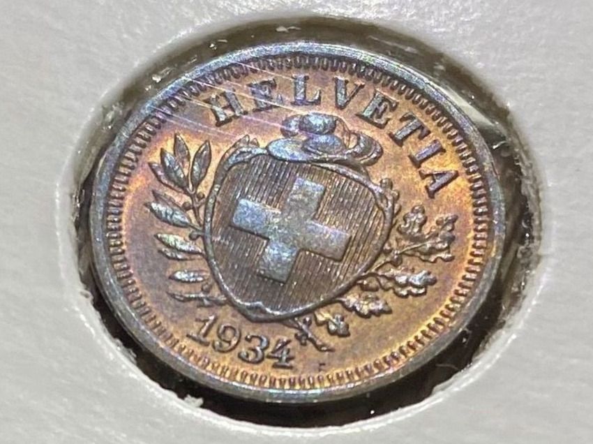 Schweiz 1 Rappen 1934 B unz + Teil Perlmutt Patina + (Neu (gemäss Beschreibung)) in Speicher für ...