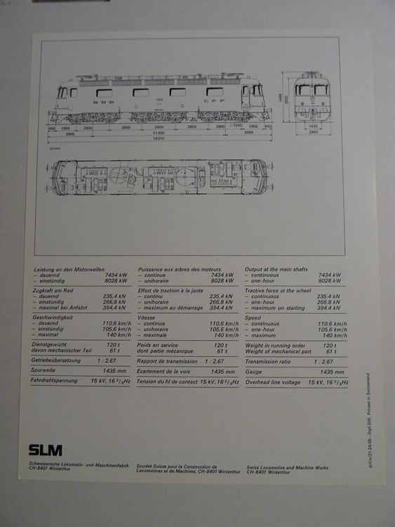 SLM SBB Re 6/6 Datenblatt A4 Schweizer Elektrolokomotive (Neu (gemäss ...