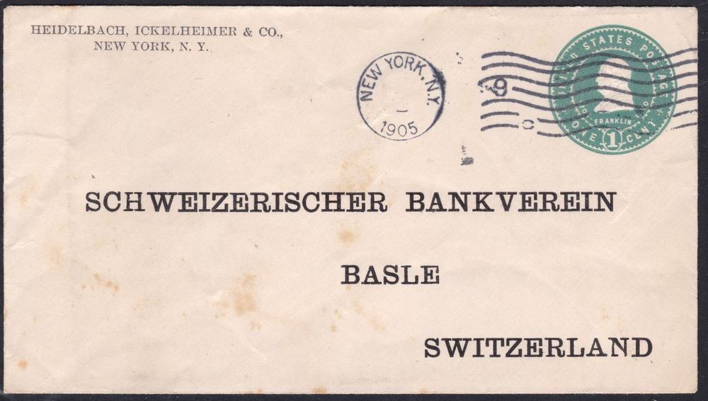 GS Franklin 1c Vordruck NYC 1905, an Schweiz. Bankverein BS (Gebraucht ...