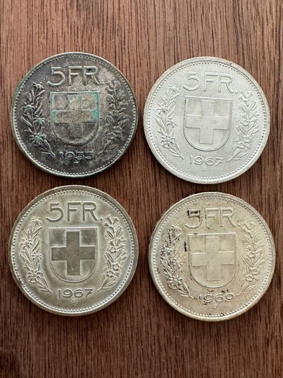 4x 5 Franken Silbermünzen, 1933, 1967 (2x), 1969 (Gebraucht) in Jegenstorf für CHF 39 – mit ...